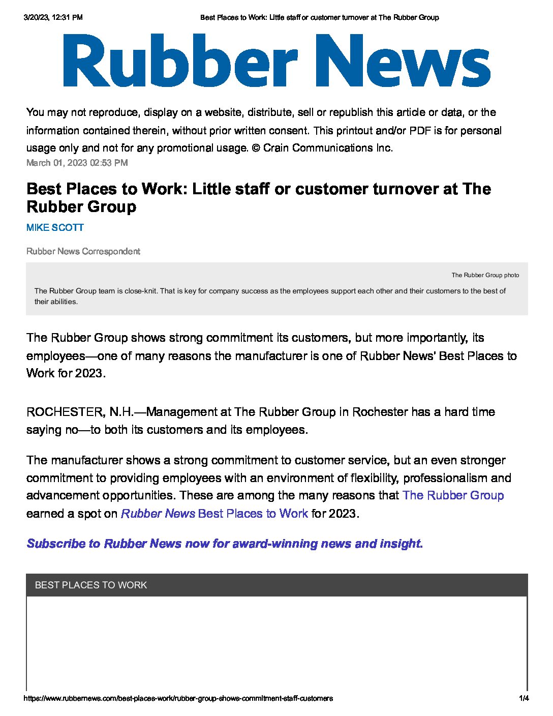 Best Places to Work in Rubber 2023 TRG Article | The Rubber Group